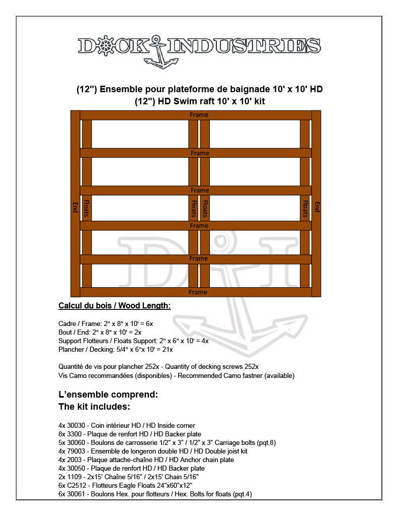 Heavy Duty swim raft 10'x10' kit - Dock Industries